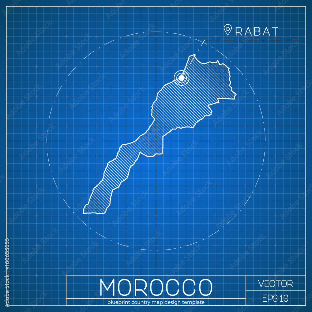 Morocco blueprint map template with capital city. Rabat marked on ...
