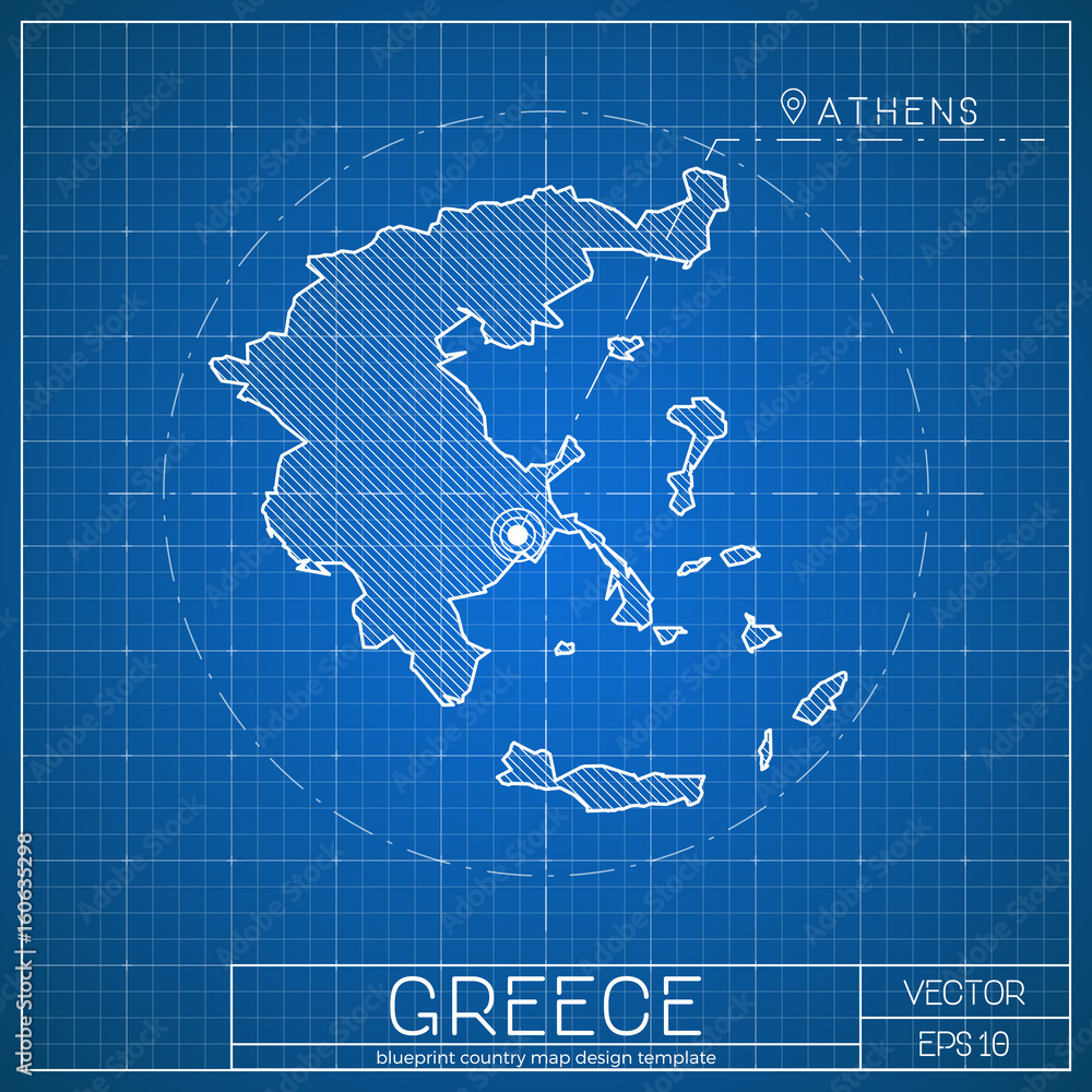 Greece blueprint map template with capital city. Athens marked on ...