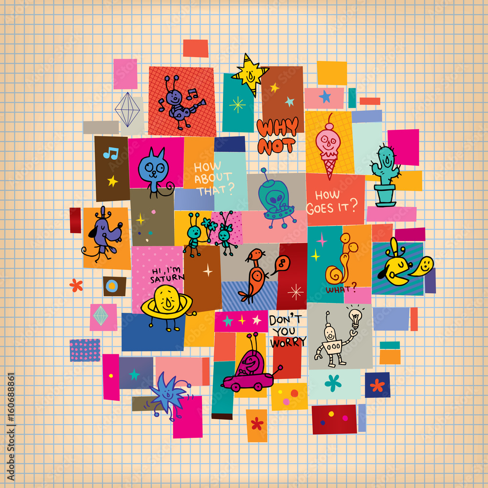 doodle collage cartoon characters design elements Stock Vector | Adobe ...