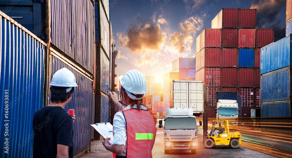 Forklift handling container box loading and Container Cargo freight ...