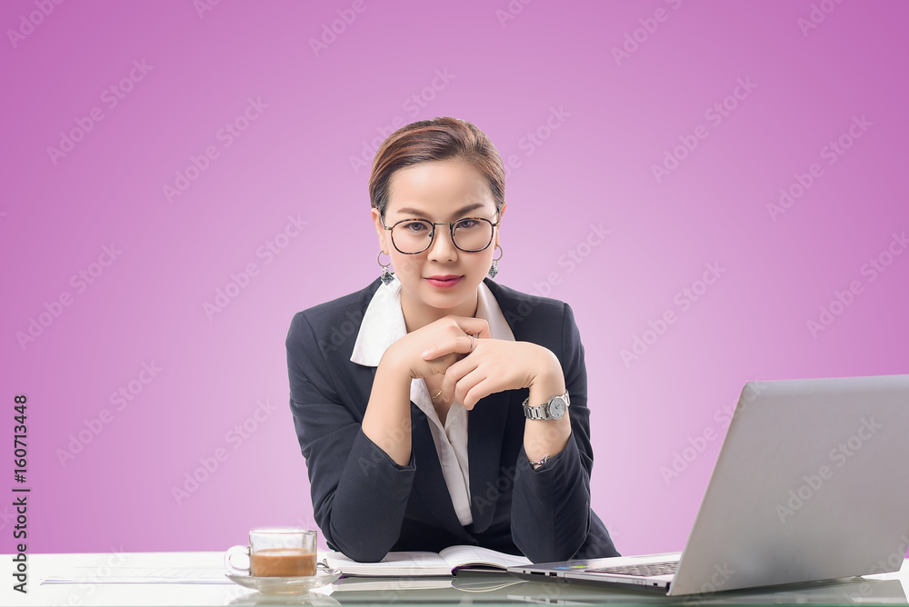 Office girl on fashion desk, pink background. Stock Photo | Adobe Stock