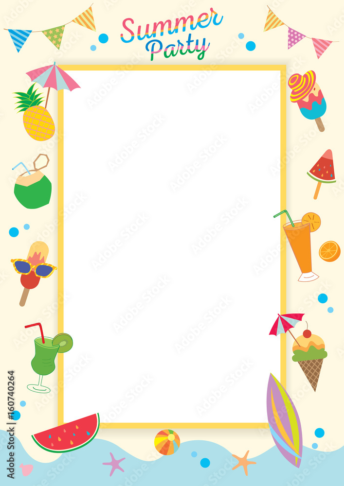 Summer party frame decorated with ice cream, fruits, drinks and ...
