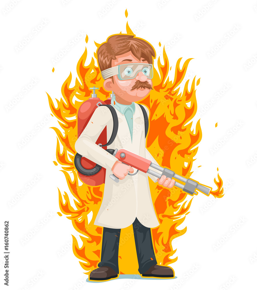 Mad scientist with flamethrower cleansing purification by fire ...