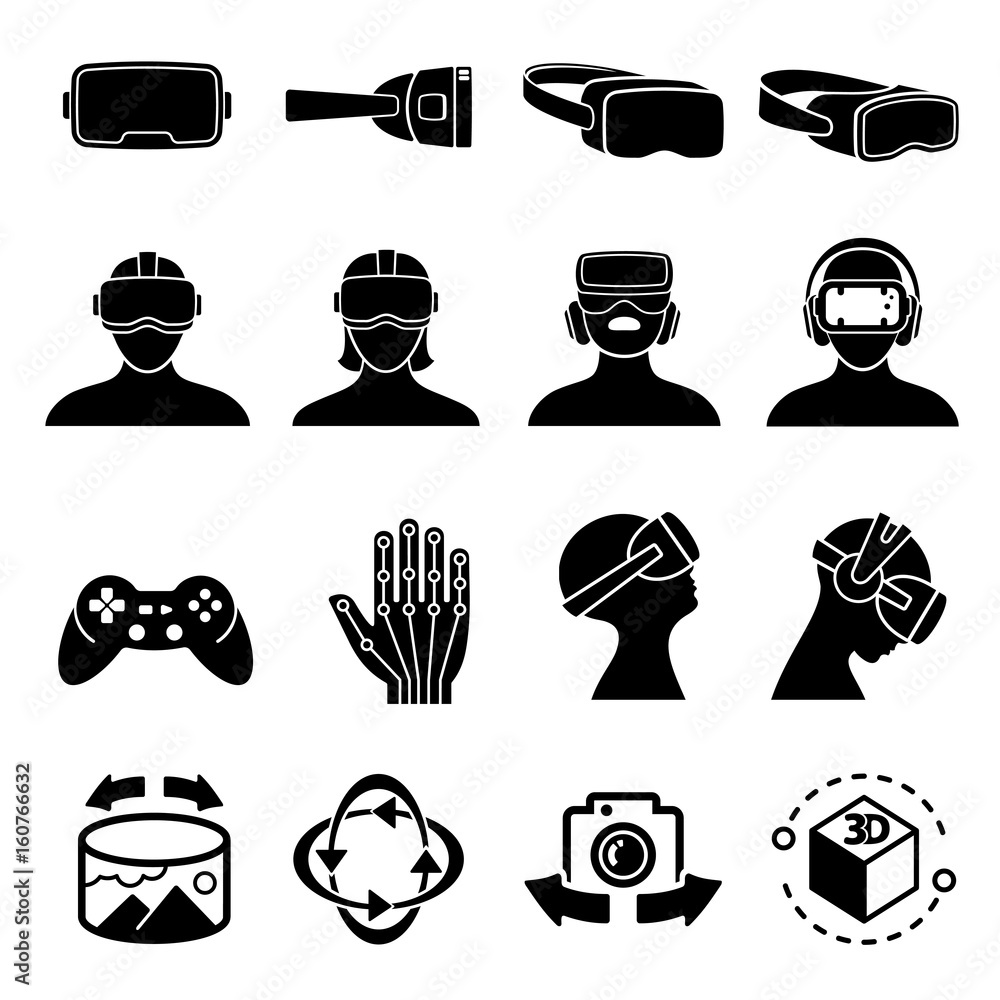 Virtual reality and headset glasses vector icons. Simulation game and ...