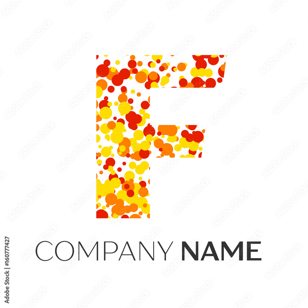 Letter F logo with orange, yellow, red particles and bubbles dots on ...