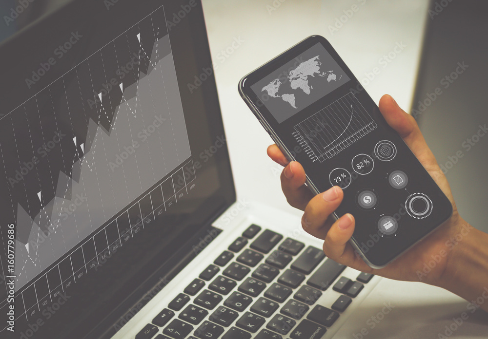 Man use smartphone. Hand touching icon on screen. Graphic diagram ...