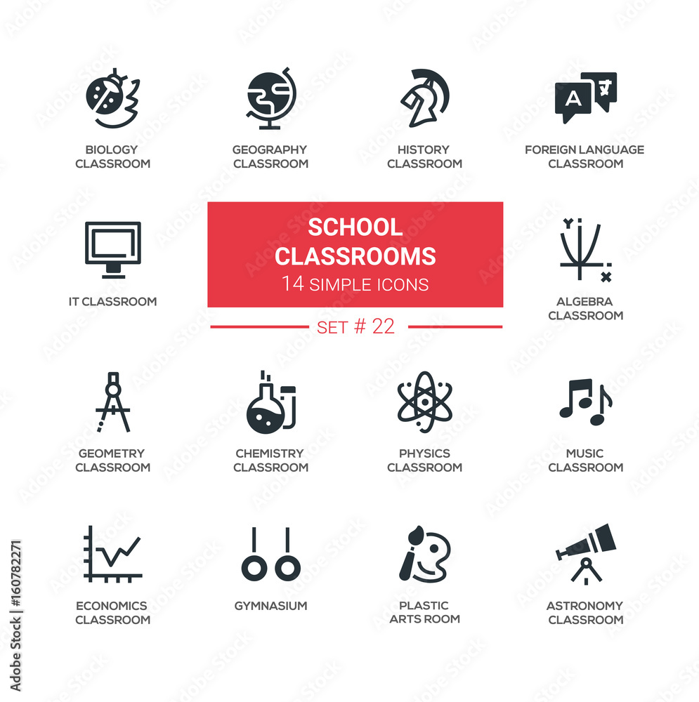 School classrooms - modern simple icons, pictograms set Stock Vector ...