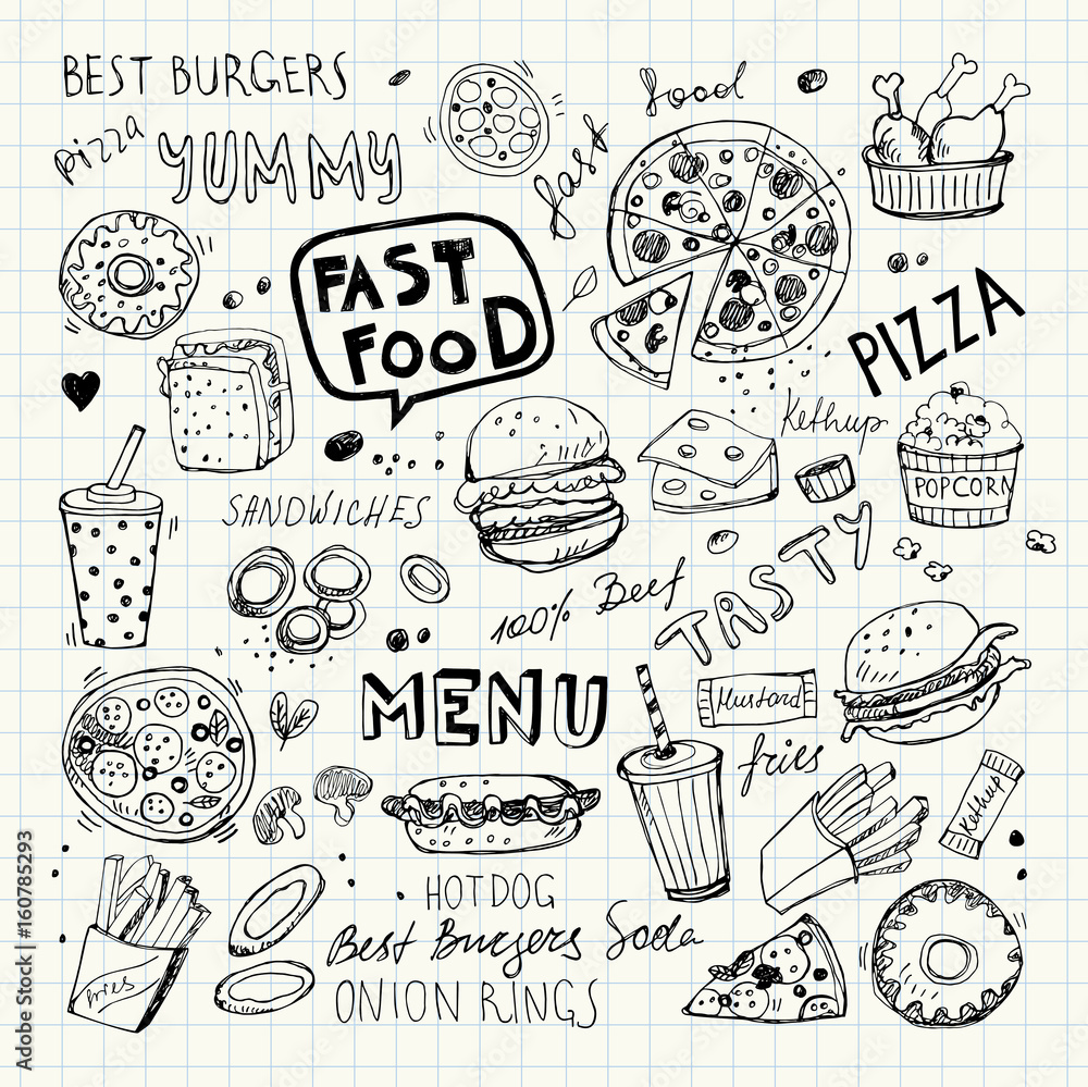 Fast food doodles. Hand drawn vector symbols and objects Vektor Stok ...