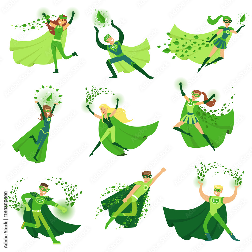 ECO superhero characters in action set, young men and women in green ...