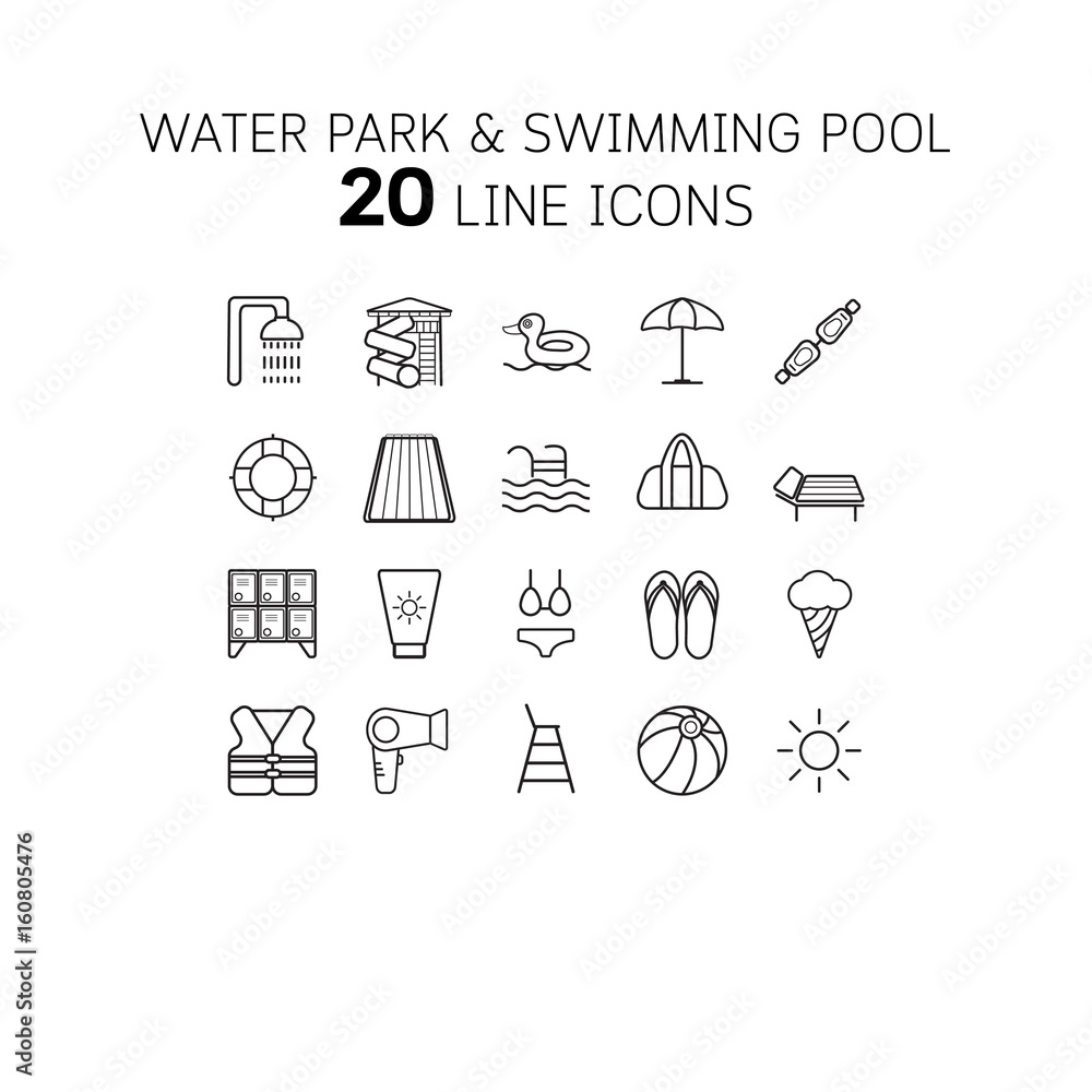 Vector illustration of thin line icons for water park,swimming,pool ...