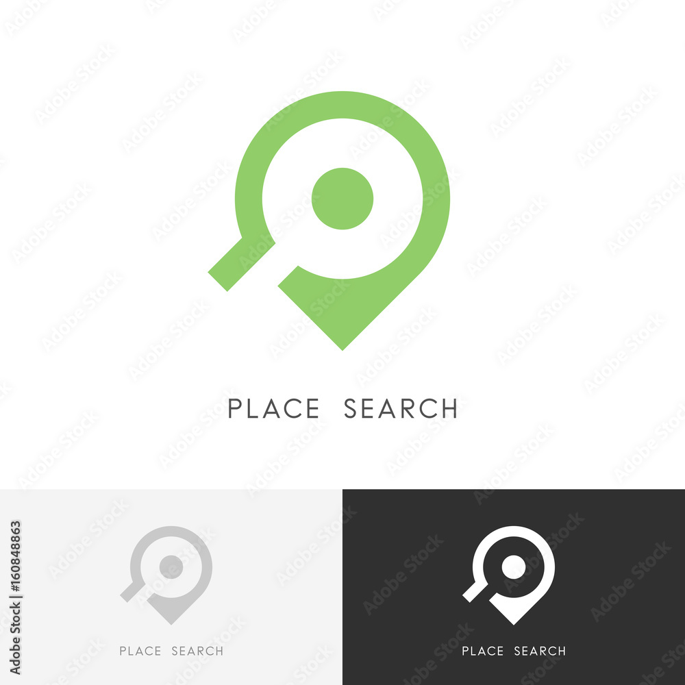 Place search logo - pointer and magnifier symbol. Position, location ...