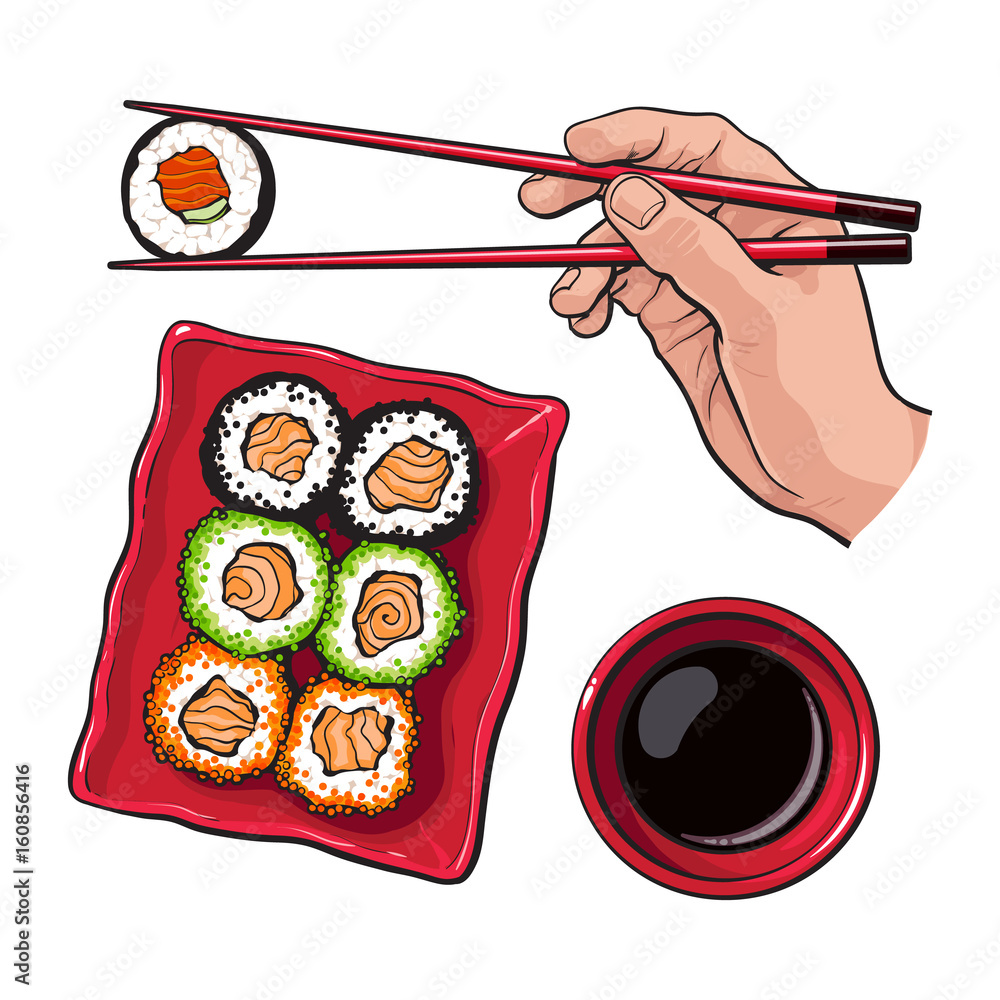 Eating sushi - human hand with chopsticks and soy sauce bowl, sketch ...