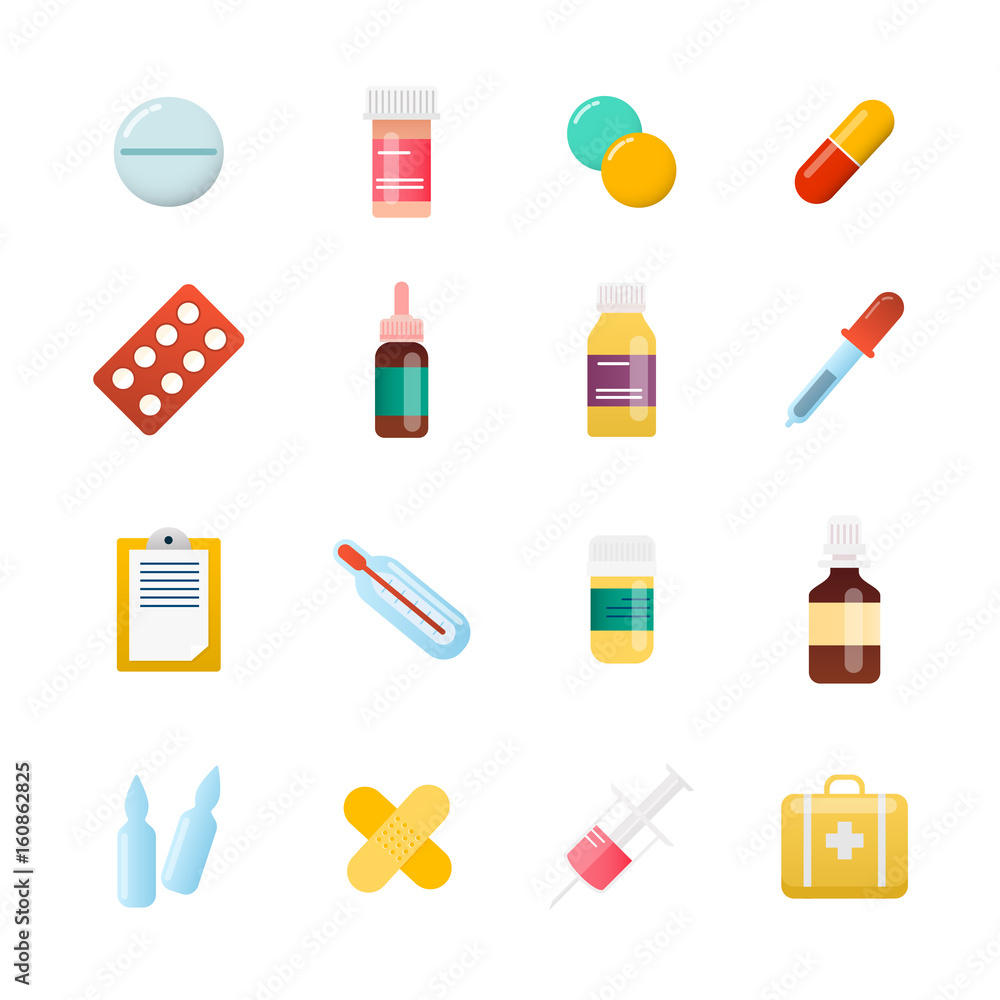 Medicine cartoon pill, drug, table, antibiotics, medication dose. Flat ...