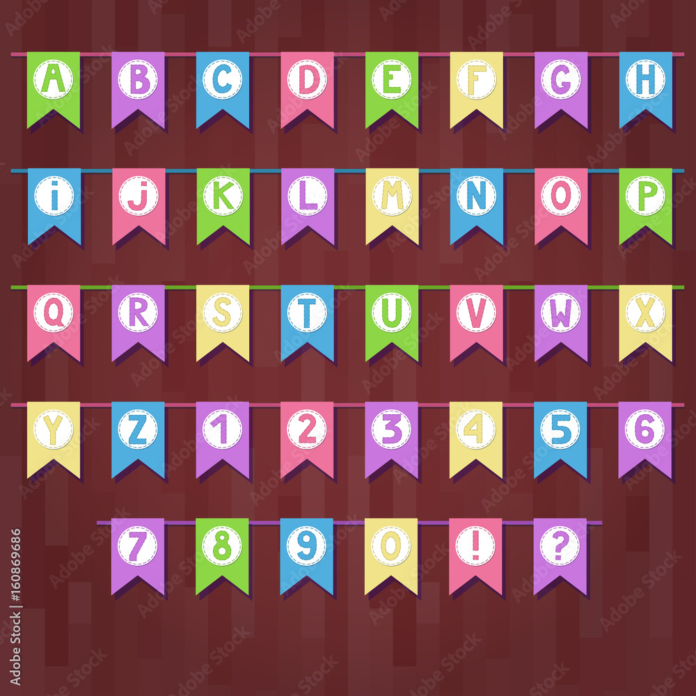 Set of cartoon flag garlands with alphabet: letters and numbers. Stock ...