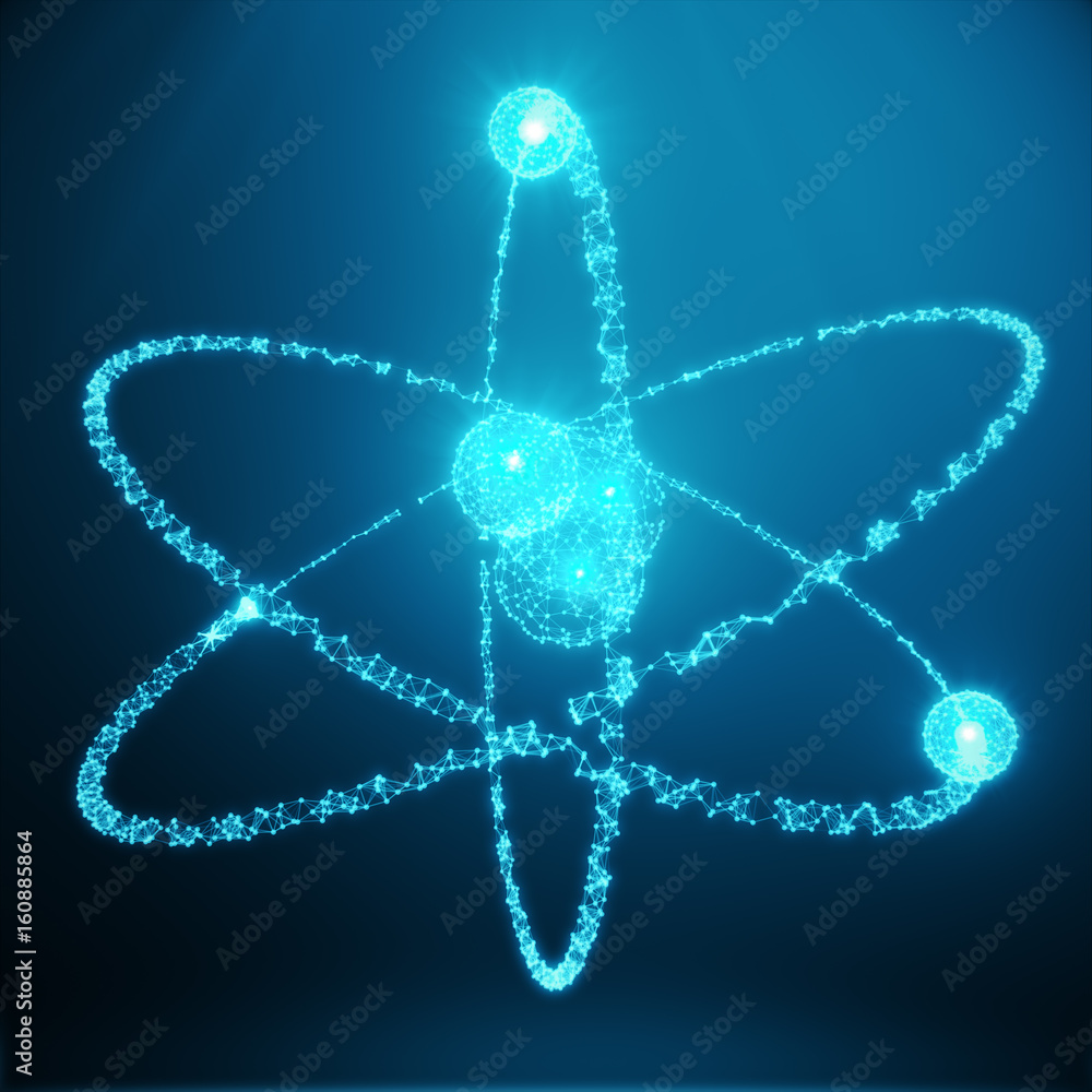 Polygonal Atom concept. Thin line concept. Blue shining cosmic 3d atom ...