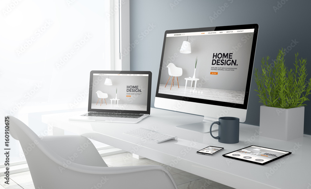 grey studio devices with interior design website Stock Photo | Adobe Stock