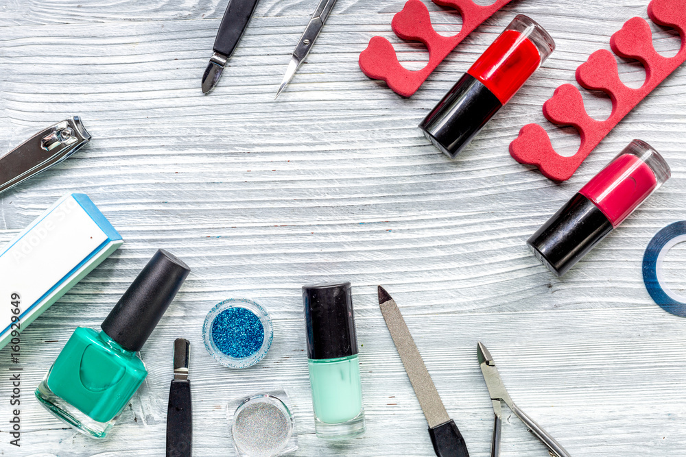 manicurist work with manicure set and nail polish for hands care gray ...