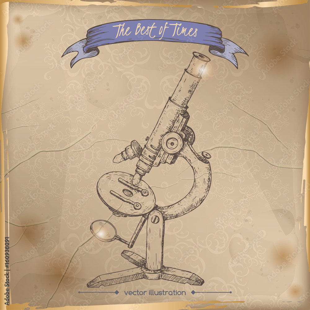 Antique microscope hand drawn sketch placed on old paper background ...