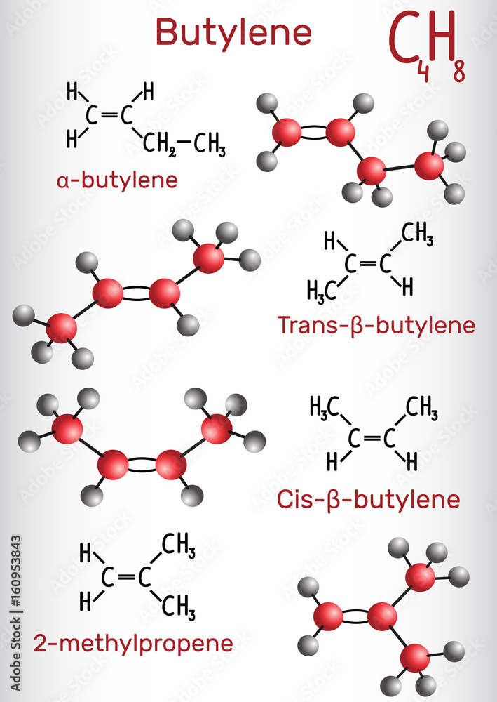 Chemical formula and molecule model of Butylene C4H8 Stock Vector ...