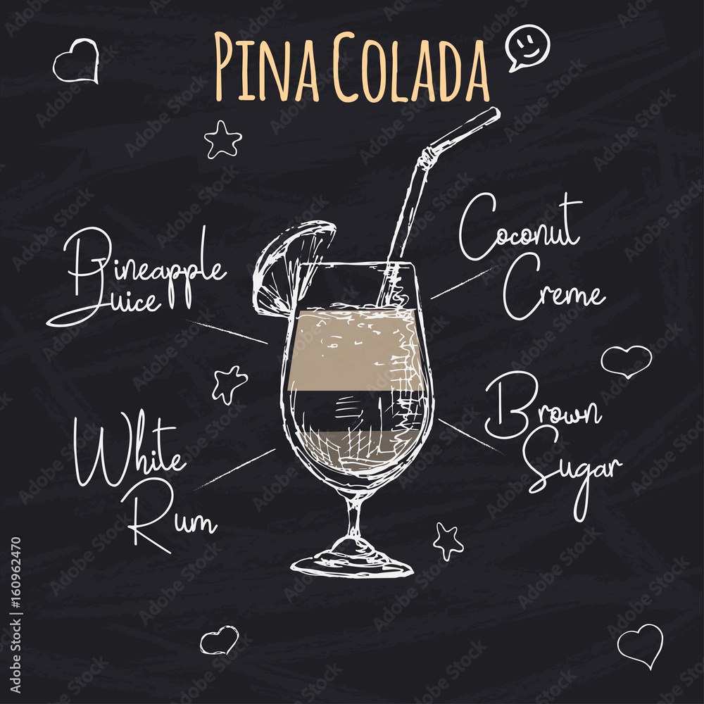 Simple recipe for an alcoholic cocktail Pina Colada. Drawing chalk on a ...