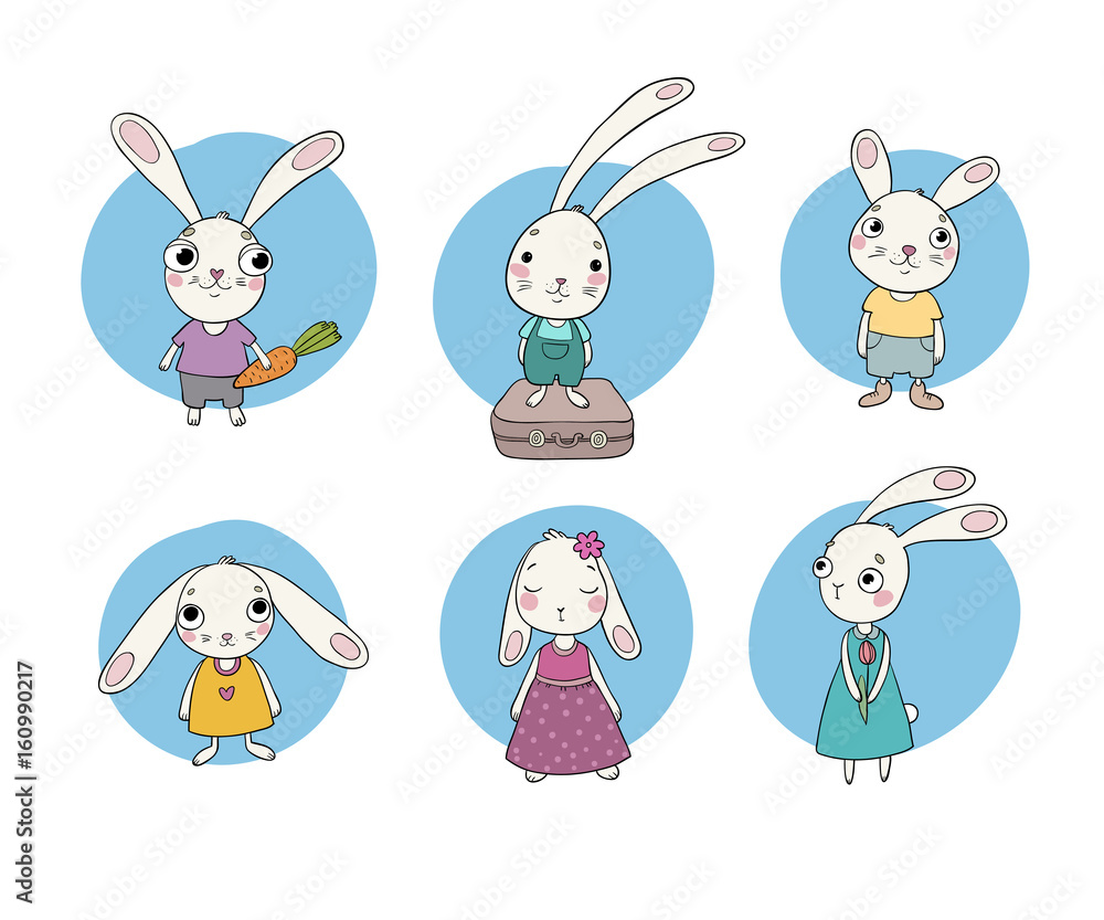 Set of cute cartoon bunny. Stock Vector | Adobe Stock