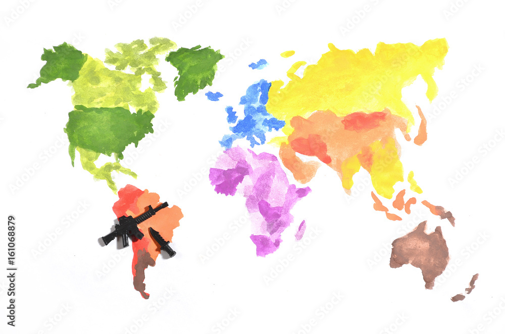 The world map is made with colored watercolor paints on white paper ...