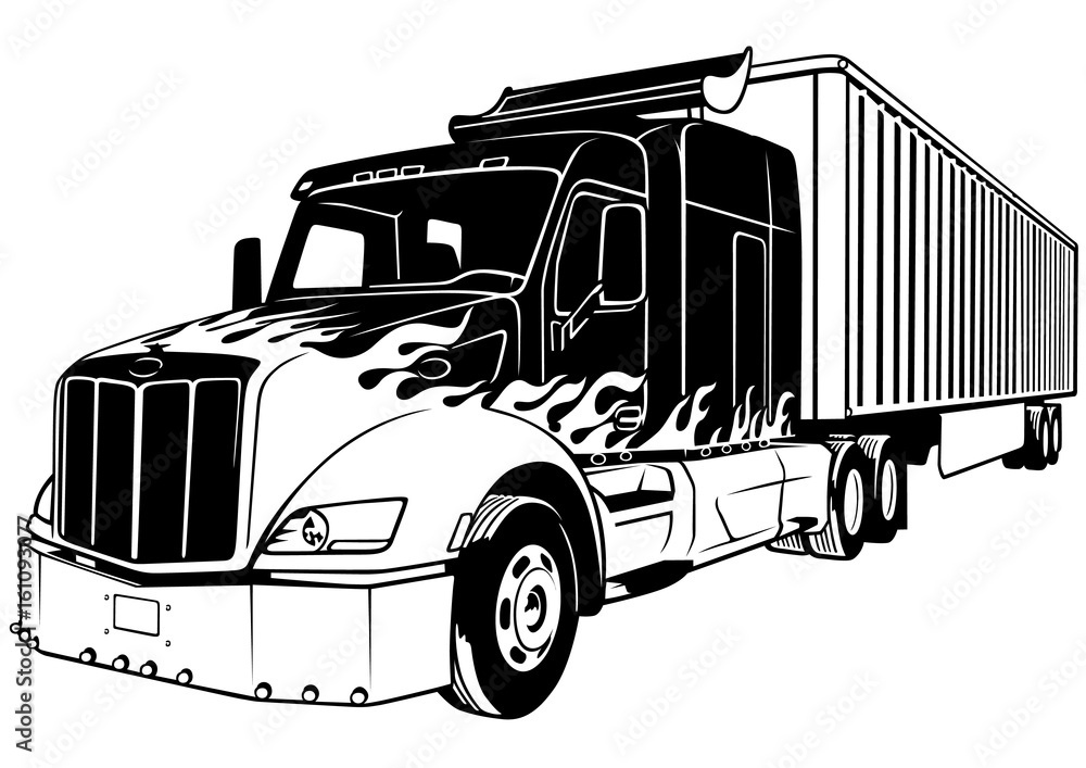 American Truck with Trailer - Black Outlined Illustration, Vector ...
