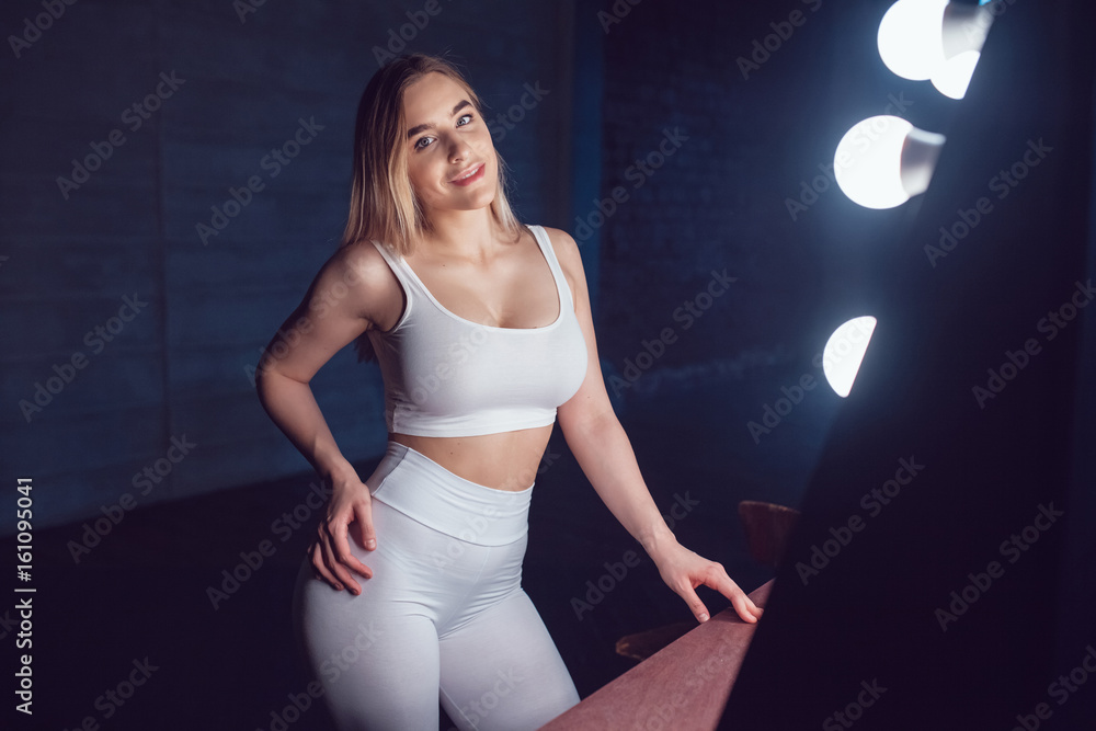 Sexy Girl With Huge Breast In A White Top And Leggings Mock Up Stock