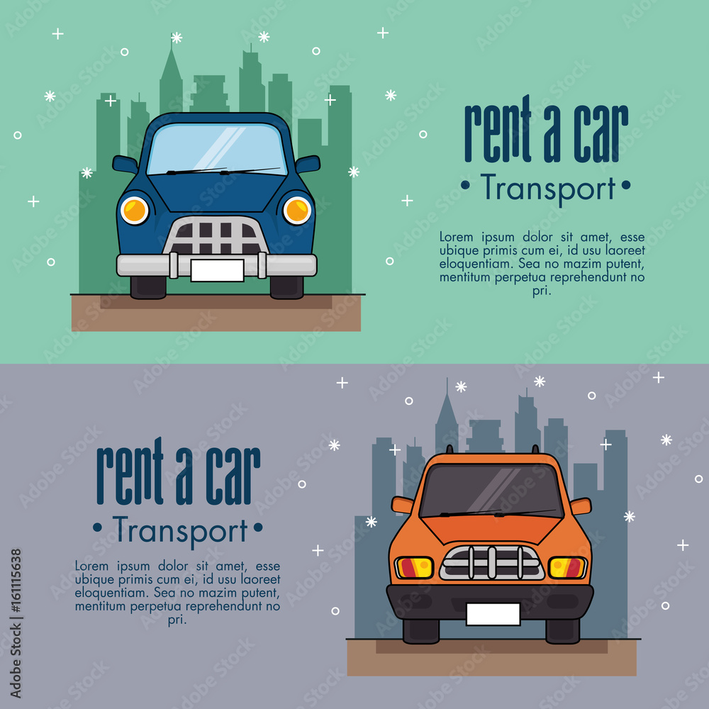 Rent a car infographic with front view of vehicles and city skyline ...