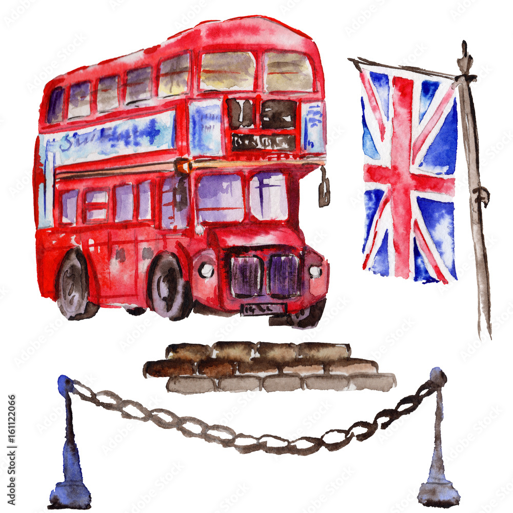 Watercolor London illustration. Great Britain hand drawn symbols ...