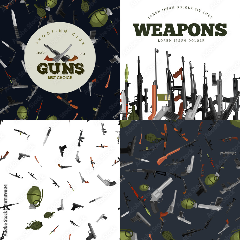 military gun set, automatic and hand weapon in magazine barrel with ...