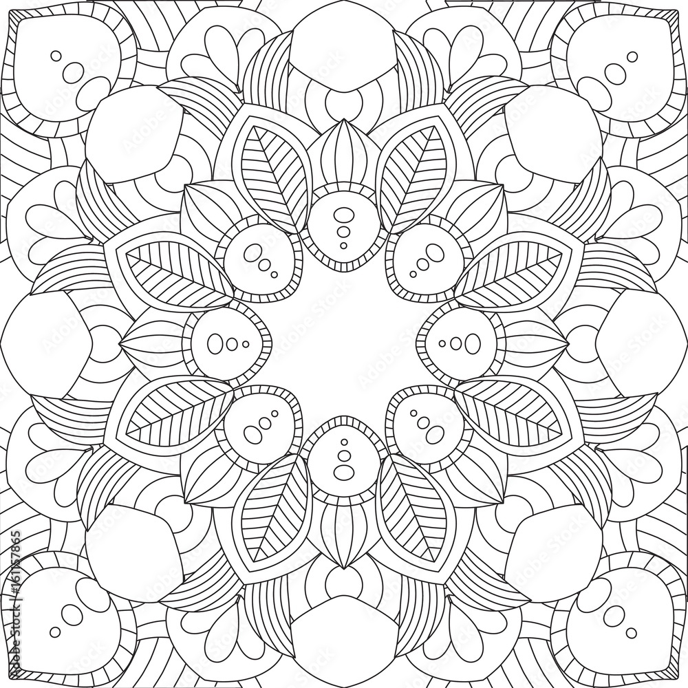 Doodles mandala seamless pattern. Adult coloring page. Black and white ...