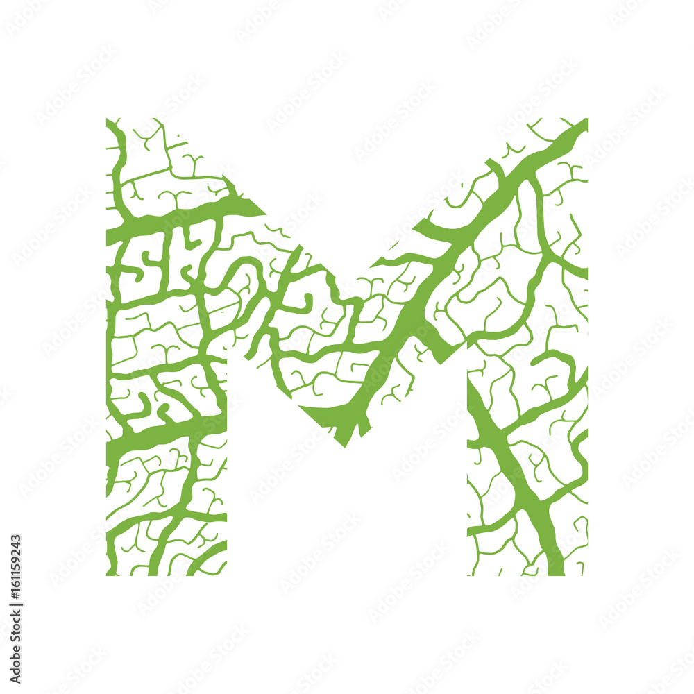 Nature alphabet, ecology decorative font. Capital letter M filled with ...