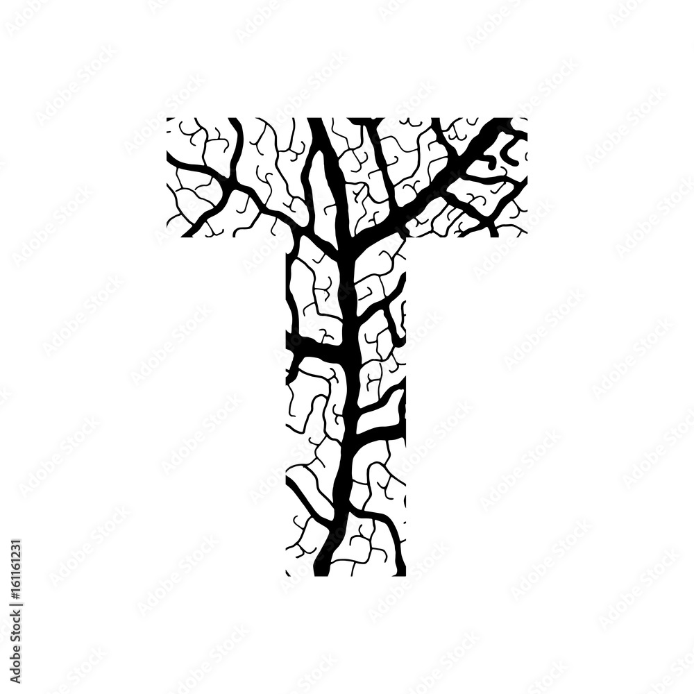 Nature alphabet, ecology decorative font. Capital letter T filled with ...