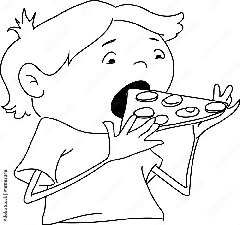 Boy eating pizza – line art Stock Vector | Adobe Stock