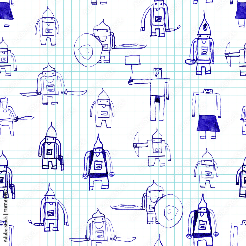 Hero seamless pattern. Admirable child's drawing with school pen. Cute ...