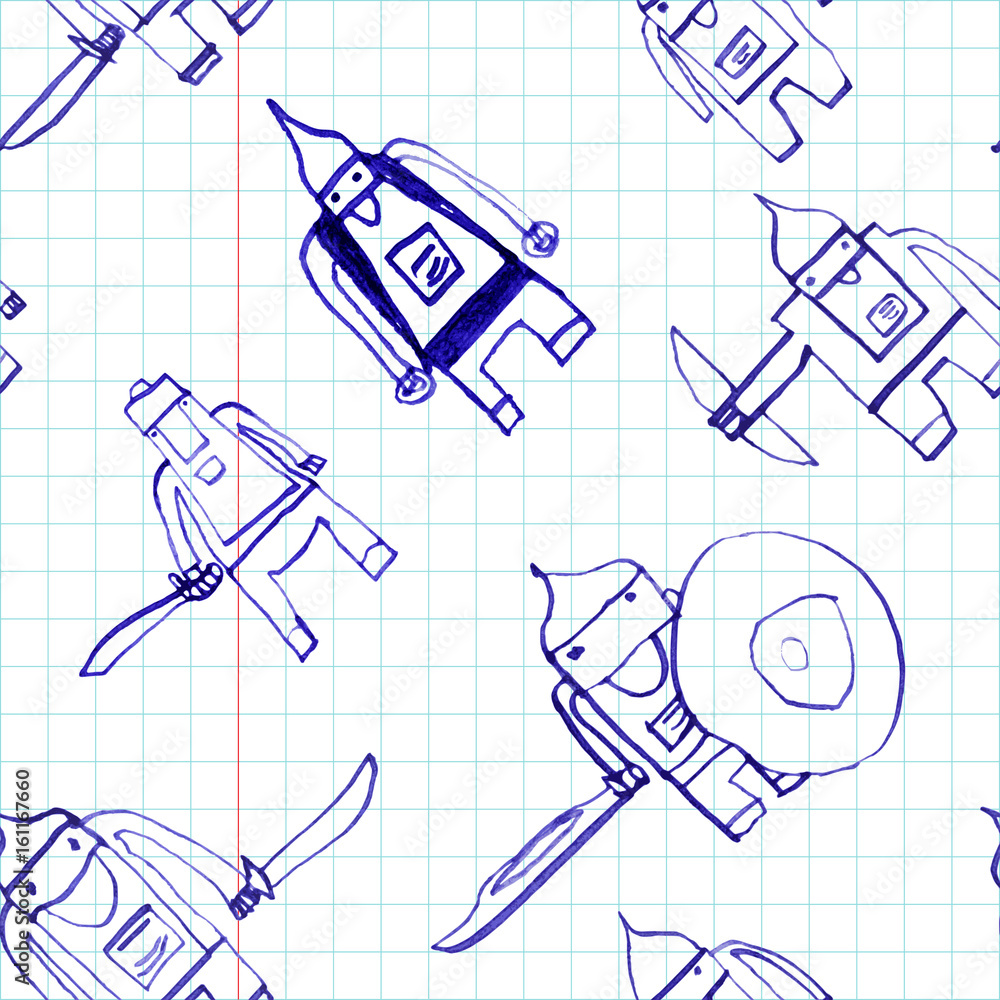 Hero seamless pattern. Magnetic child's drawing with school pen. Cute ...