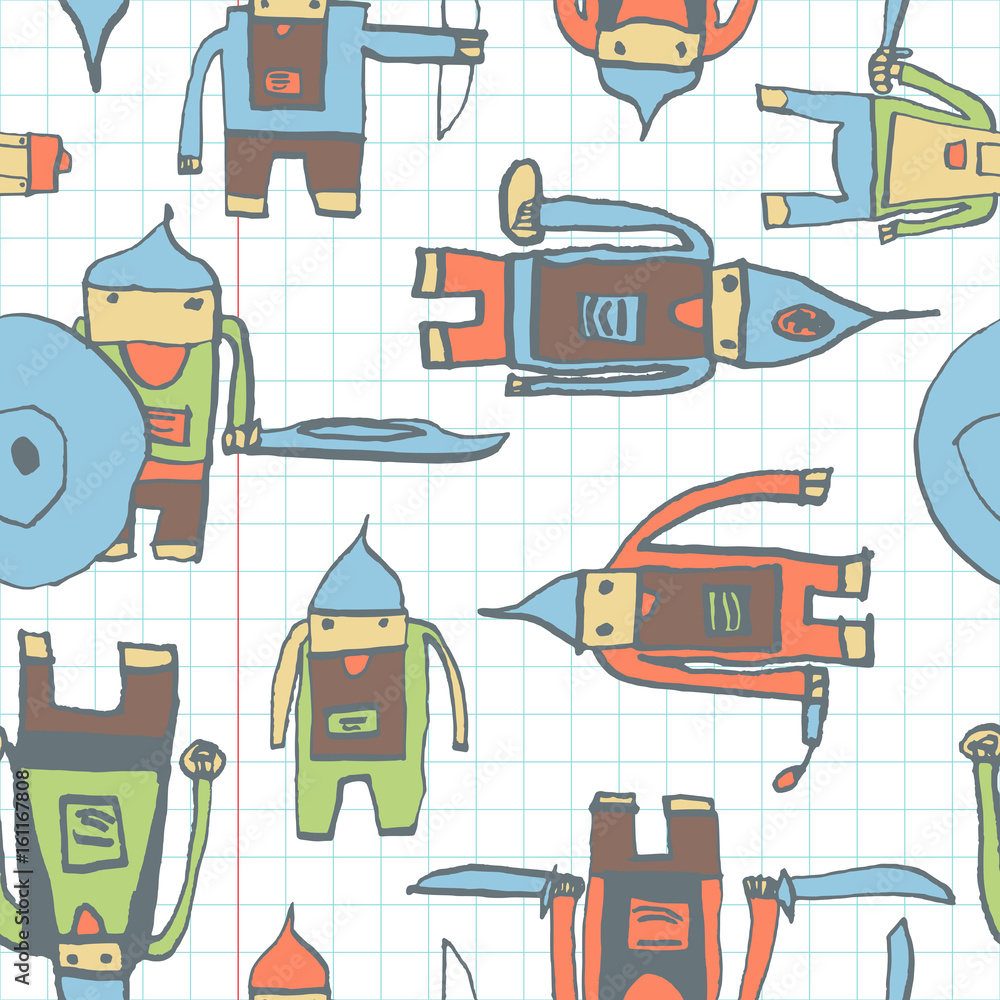 Hero seamless pattern. Fetching child's drawing with school pen. Cute ...