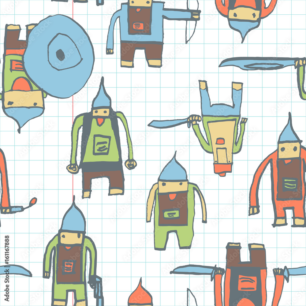 Hero seamless pattern. Attractive child's drawing with school pen. Cute ...