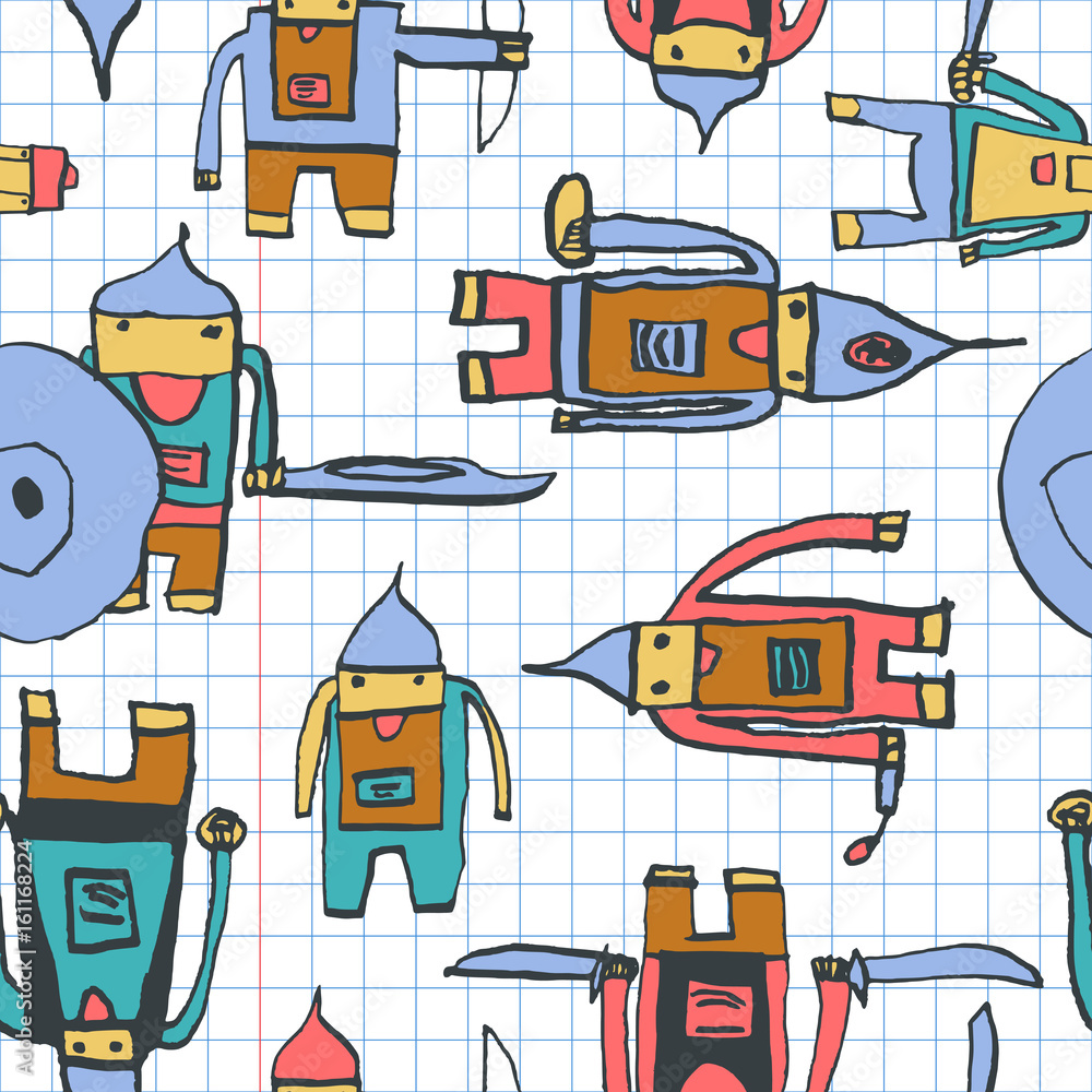 Hero seamless pattern. Alluring child's drawing with school pen. Cute ... Hero seamless pattern. Alluring child's drawing with school pen. Cute ...