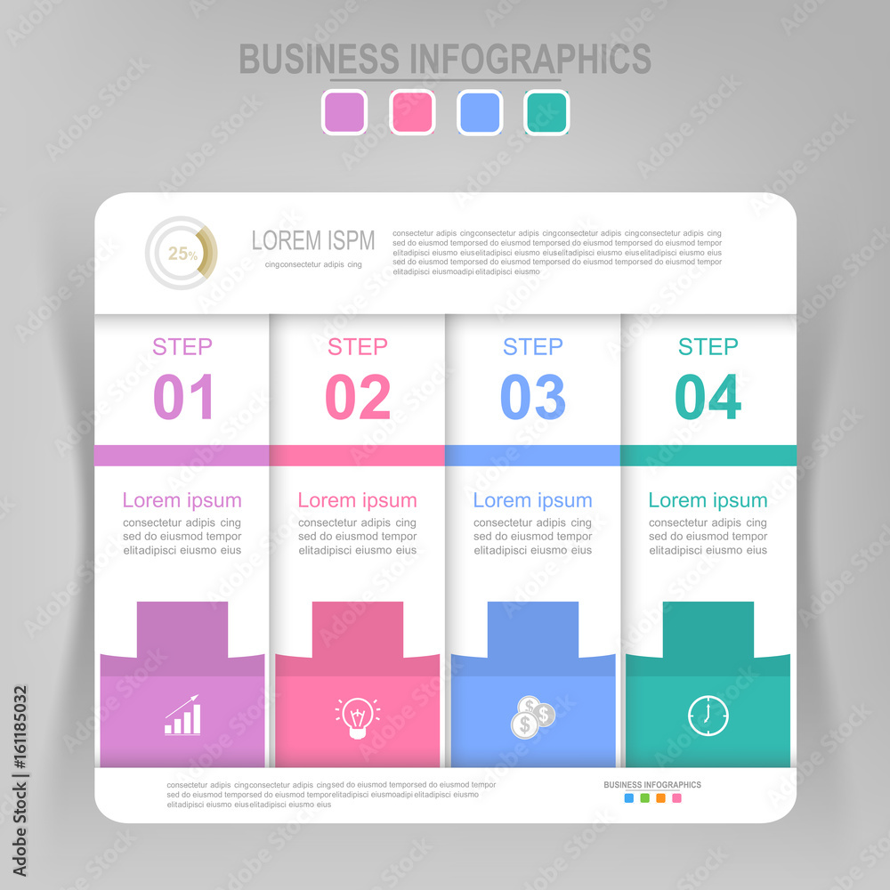Infographic template of four steps on squares, tag banner, work sheet ...