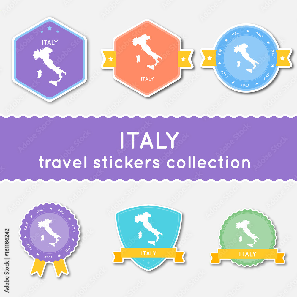 Italy travel stickers collection. Big set of stickers with country map ...