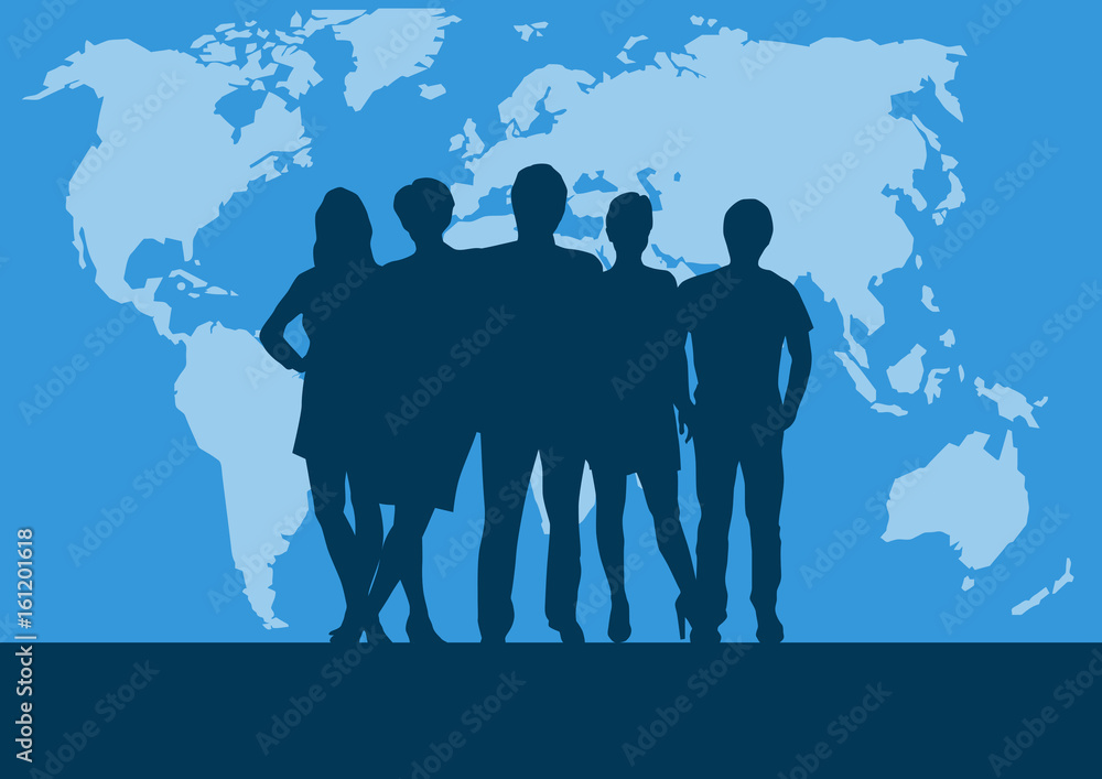 people on world map, vector poster and background. Teamwork and ...