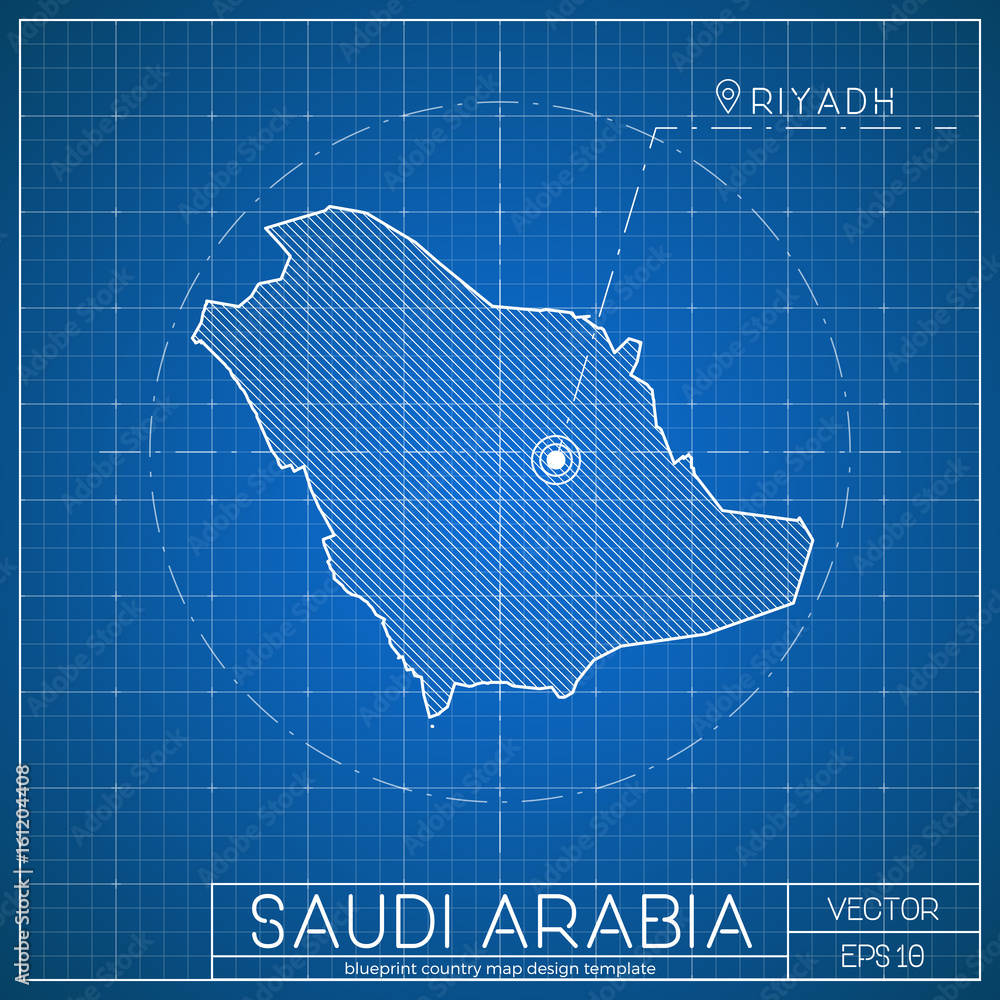 Saudi Arabia blueprint map template with capital city. Riyadh marked on ...