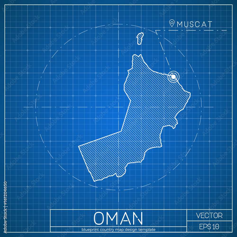 Oman blueprint map template with capital city. Muscat marked on ...