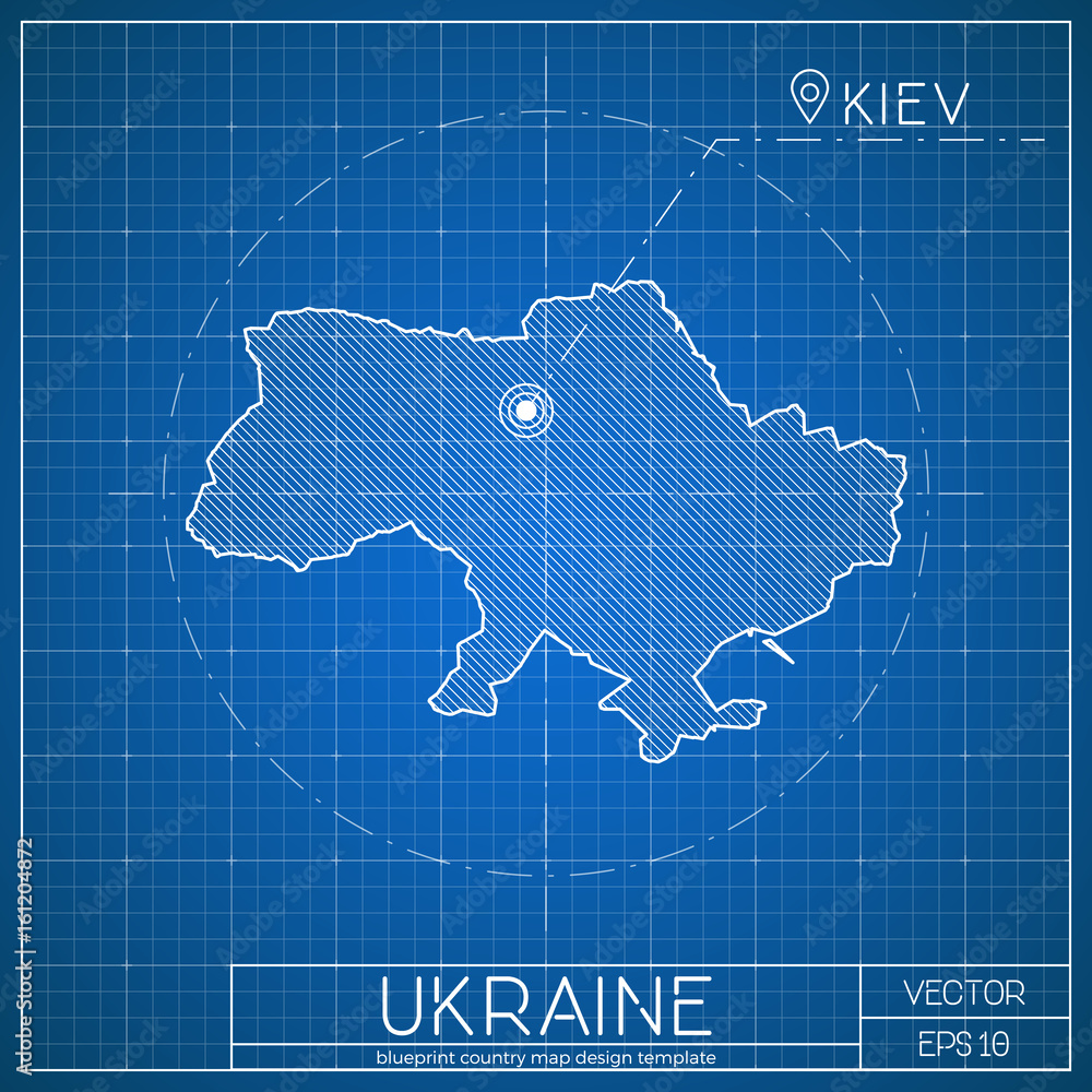 Ukraine blueprint map template with capital city. Kiev marked on ...
