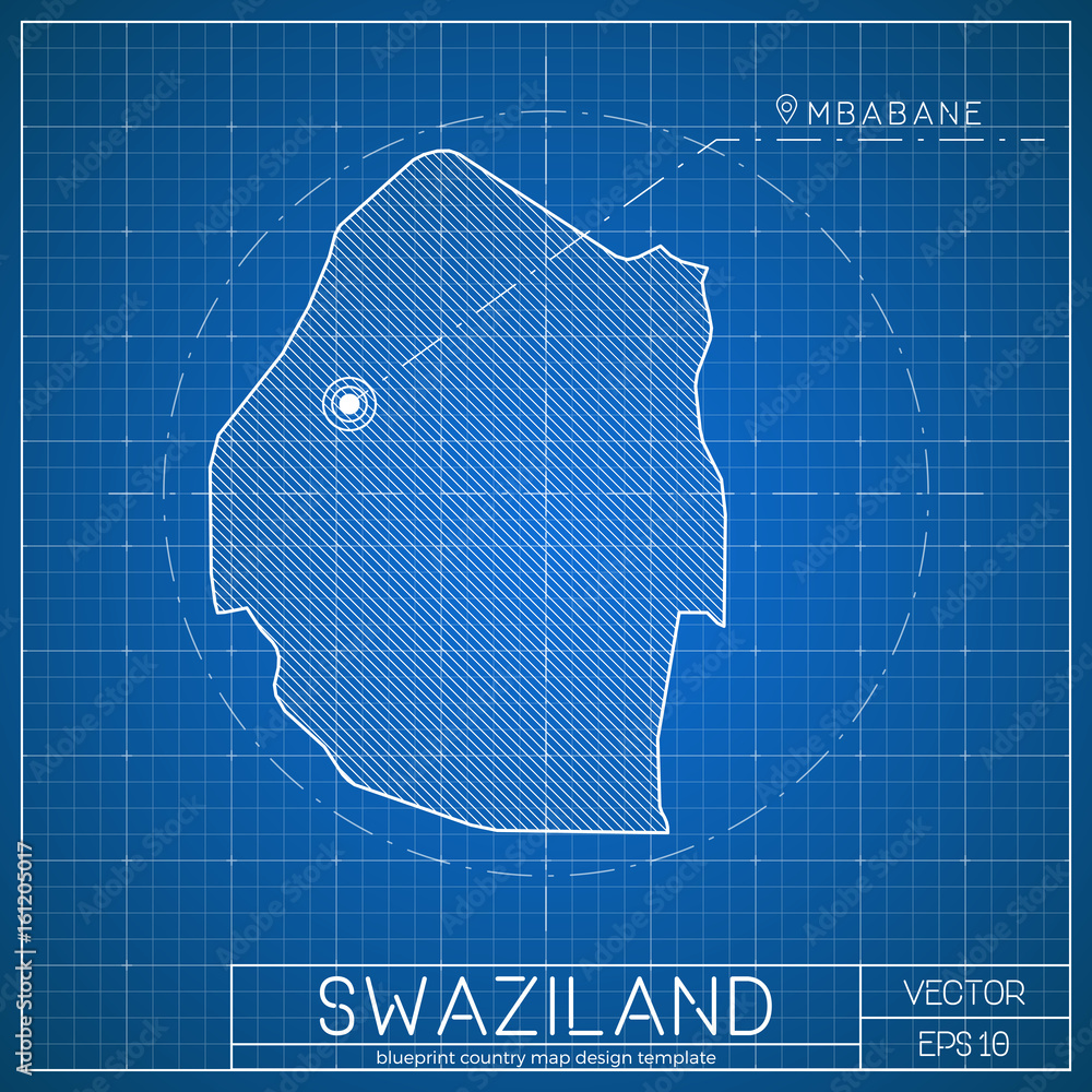 Swaziland blueprint map template with capital city. Mbabane marked on ...
