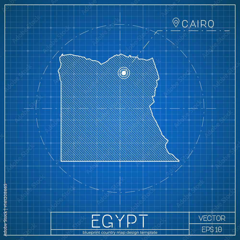 Egypt blueprint map template with capital city. Cairo marked on ...