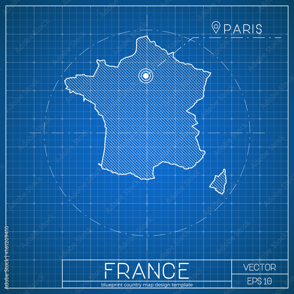 France blueprint map template with capital city. Paris marked on ...
