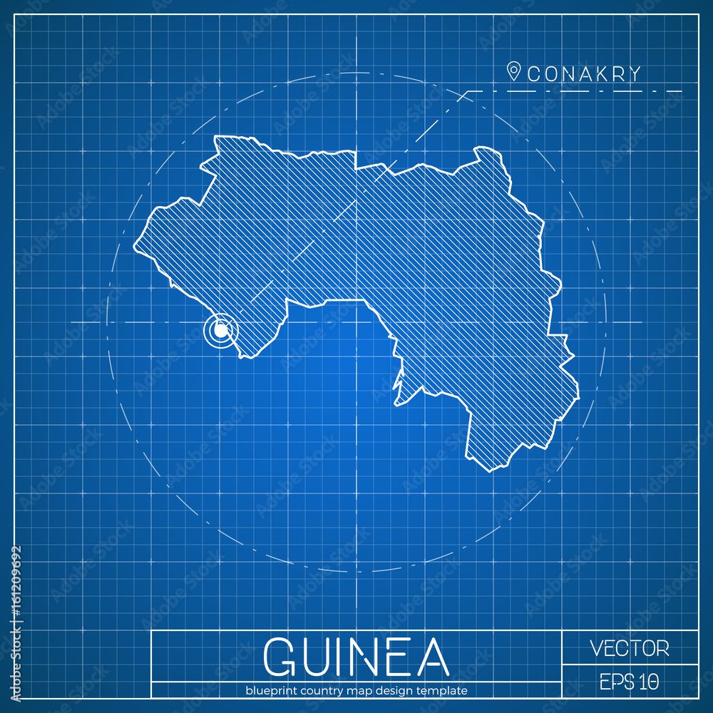Guinea blueprint map template with capital city. Conakry marked on ...